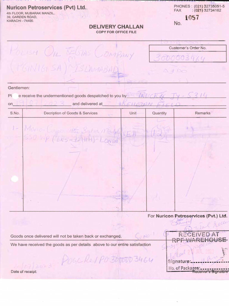 Delivery Challan For 12 Nos Solor Module | PDF