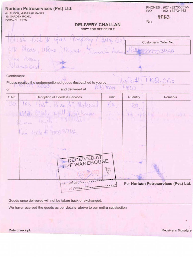 Delivery Challan For 20 Nos Test Post | PDF