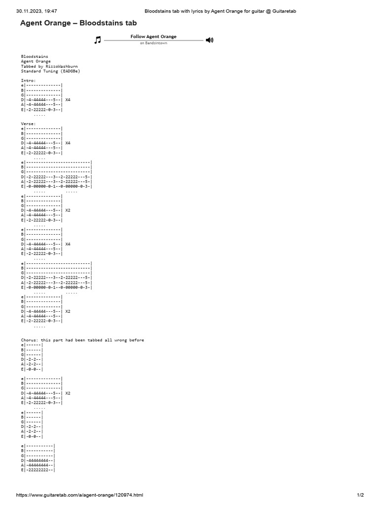 Bloodstains Tab With Lyrics by Agent Orange For Guitar at Guitaretab ...