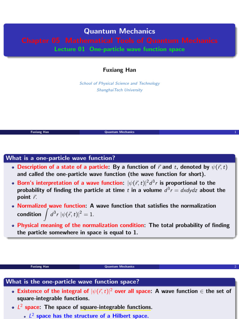Ch05Lec01 - One Particle Wave Function Space | PDF | Wave Function | Hilbert Space