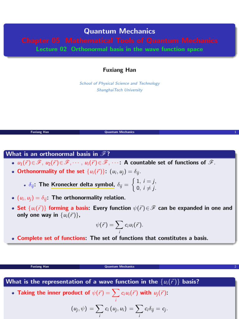 Ch05Lec02 - Orthonormal Basis in The Wave Function Space | PDF | Euclidean Vector | Wave Function