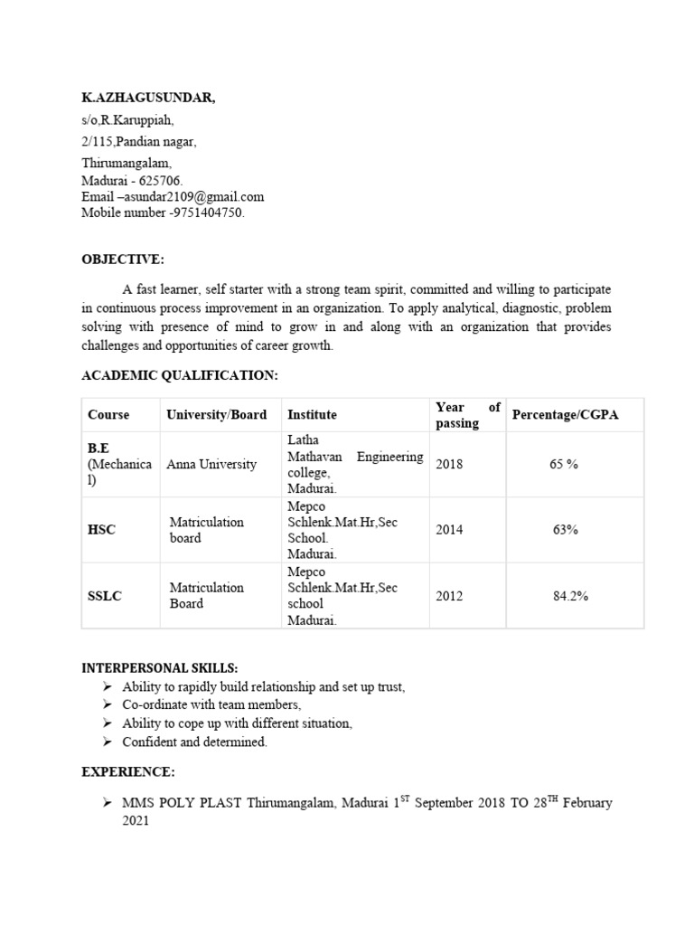 Sundar Resume | PDF | Learning | Cognition