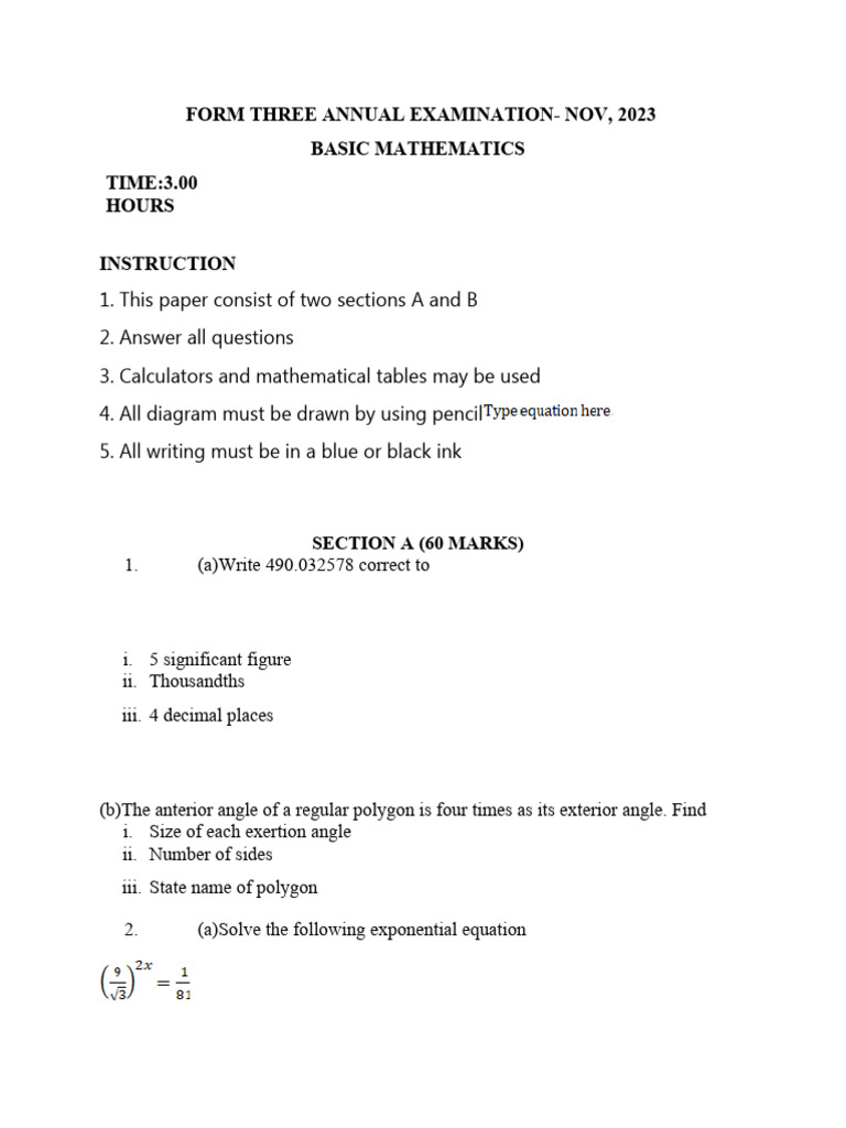 Form Three Basic Mathematics Exam 2023 | PDF | Logarithm | Area