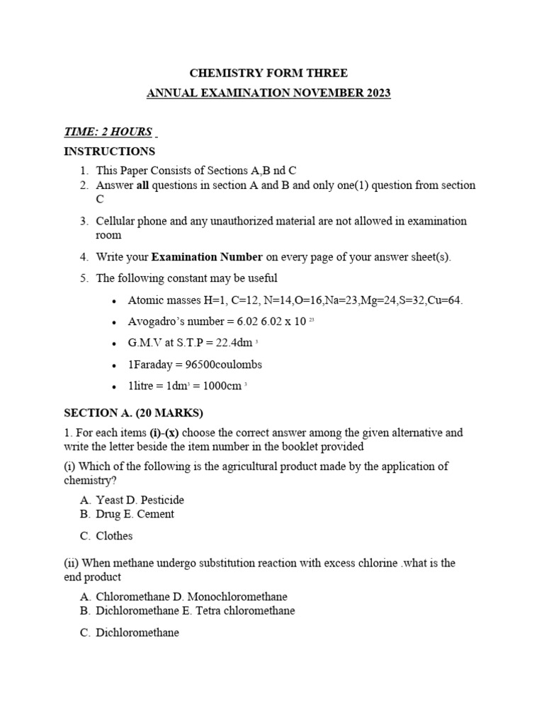 Chemistry Form Three Annual | PDF | Atmosphere Of Earth | Chlorine