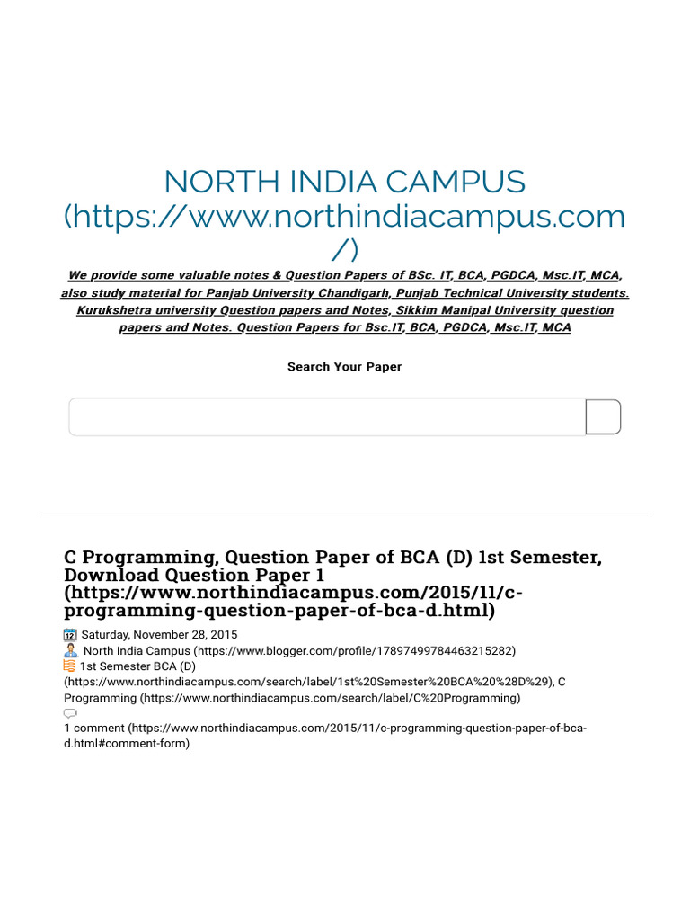 C Programming, Question Paper of BCA (D) 1st Semester, Download ...