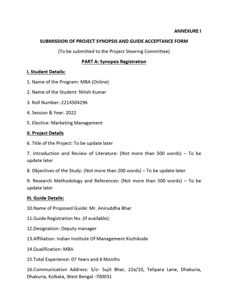 MBA Project Synopsis Submission | PDF