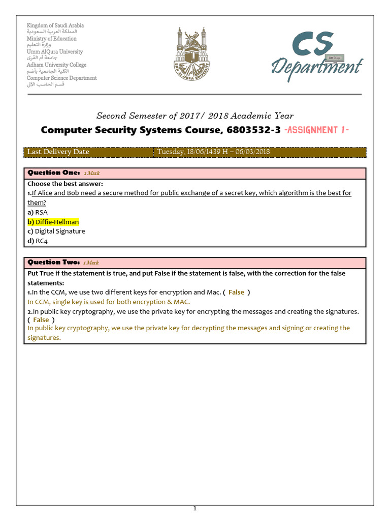 CSS Assignment One Solutions | PDF | Public Key Cryptography | Cryptography