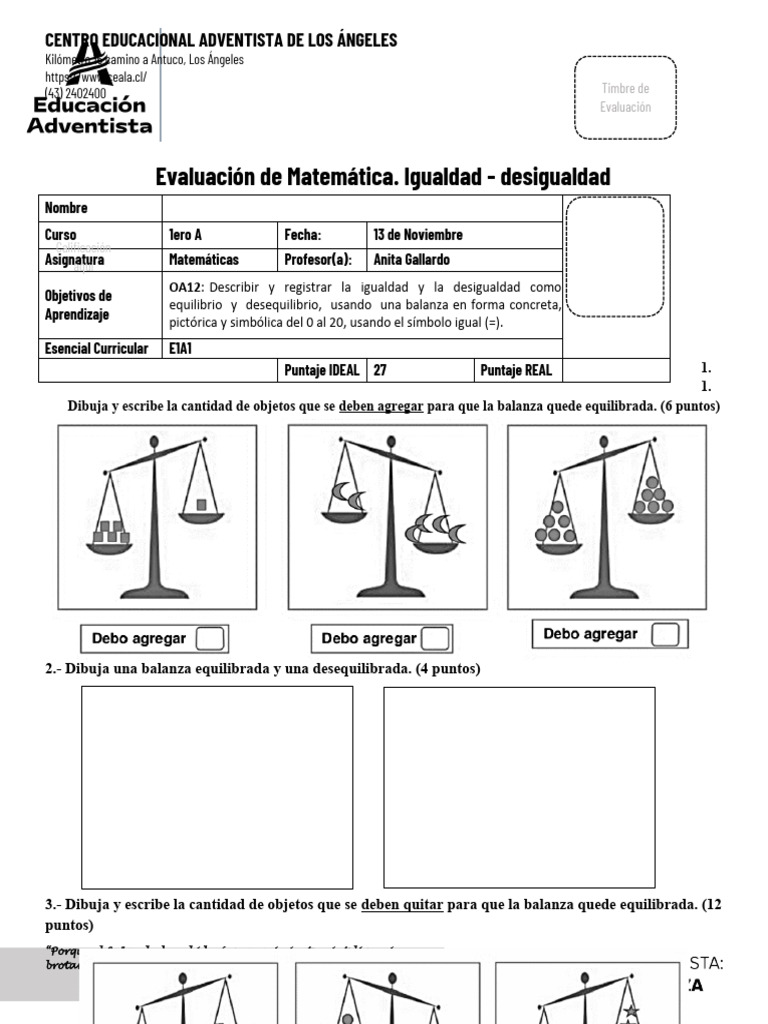 EVA. Matemática Balanza 1ero A | PDF