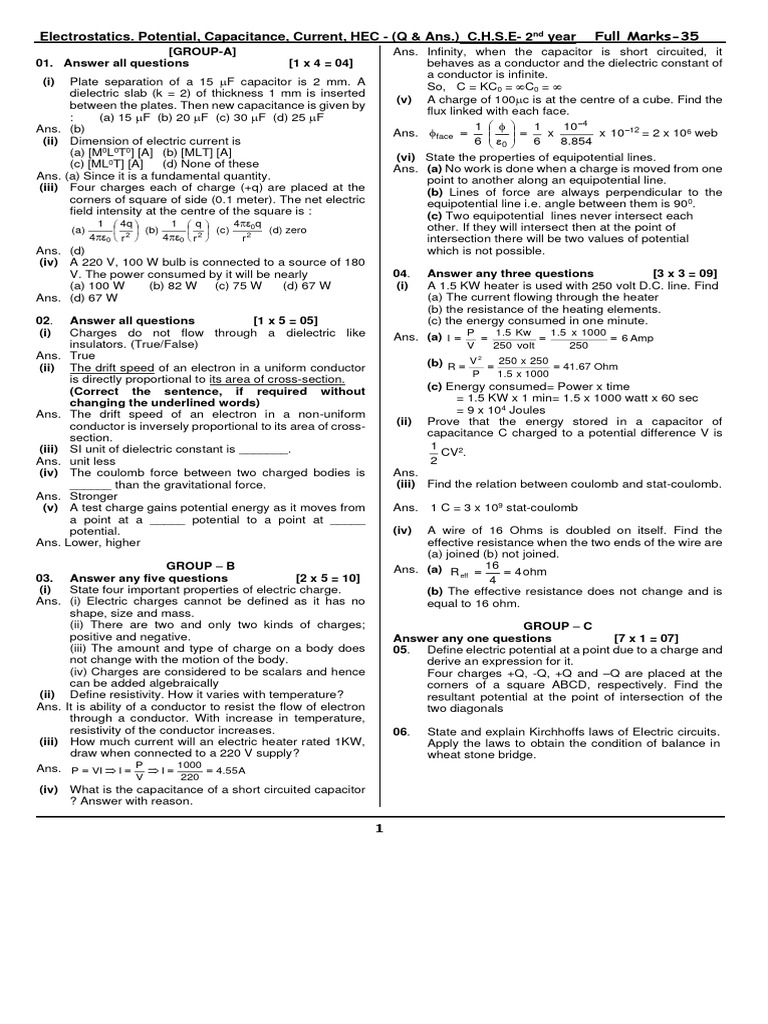 Electrostatics. Potential, Capacitance, Current, HEC - CHSE (Q & Ans.) | PDF | Capacitance ...