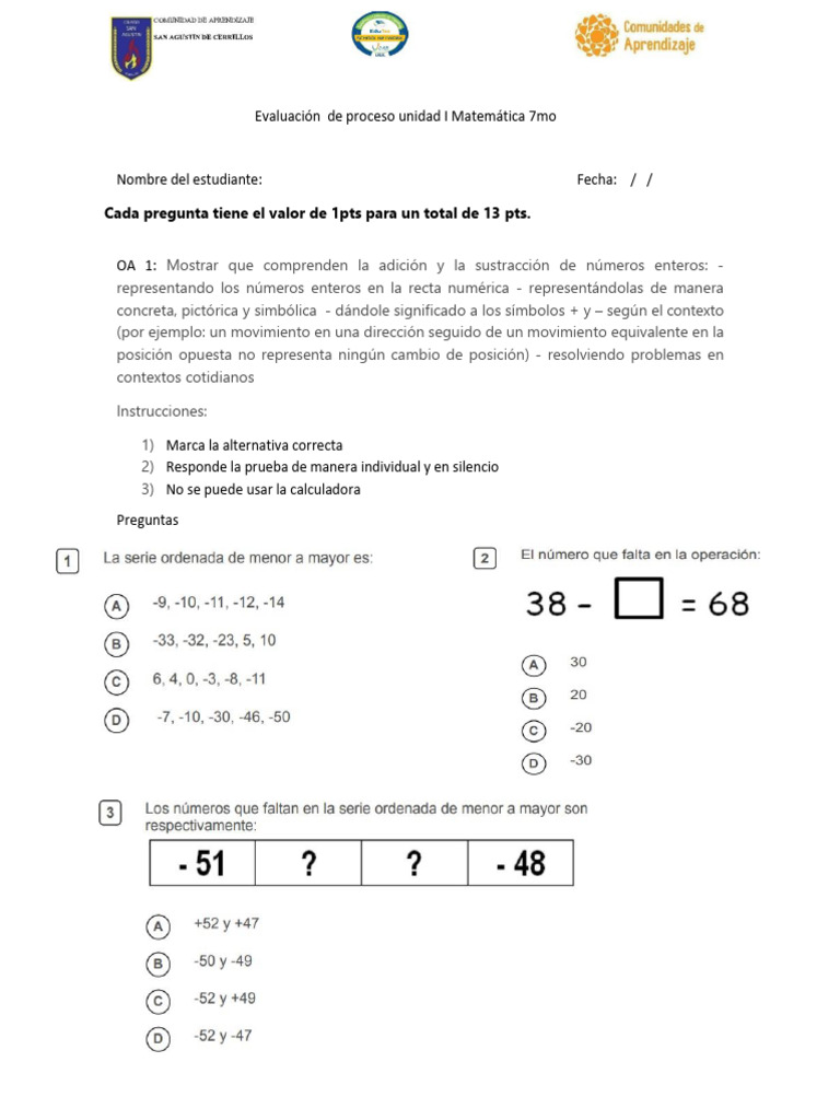 Evaluacion de Proceso Unidad I Matematica 7mo | PDF
