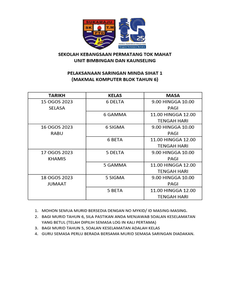 Jadual Saringan Minda Sihat 2023 | PDF