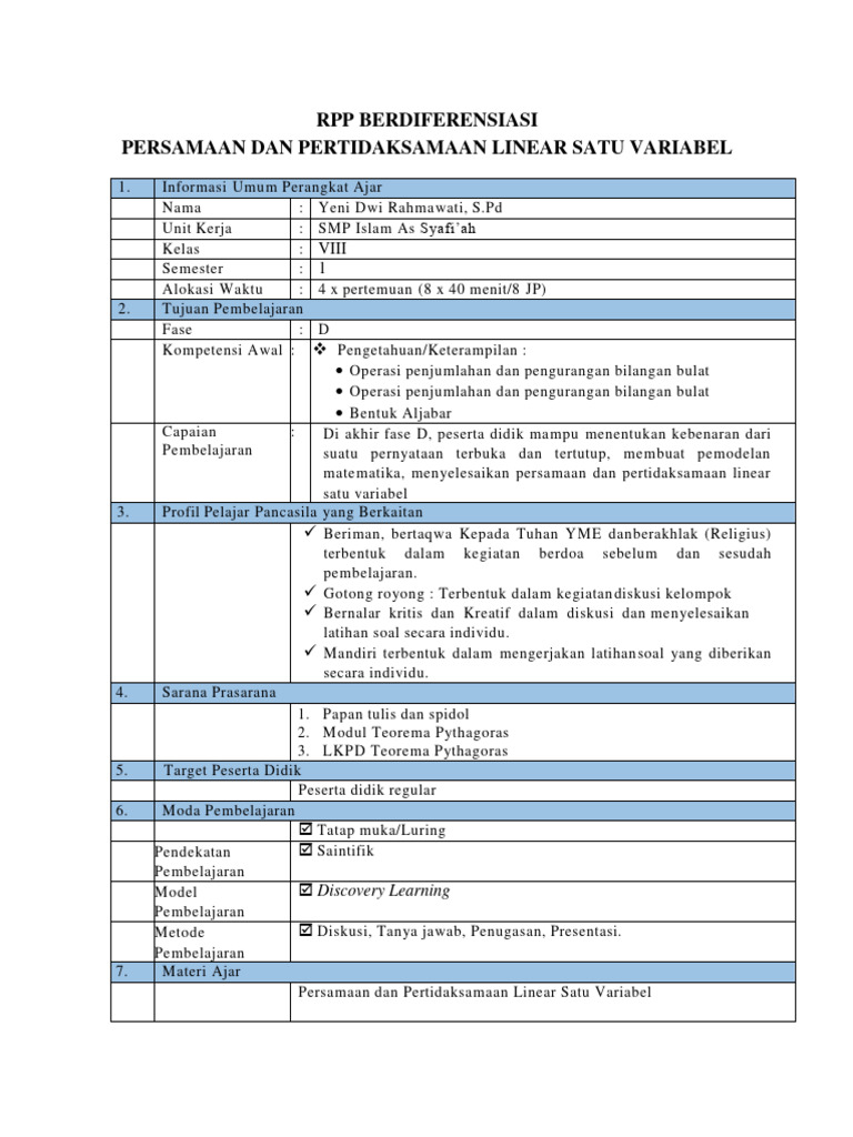 Modul Ajar 3 (Persamaan Dan Pertidaksamaan Linear Satu Variabel) | PDF