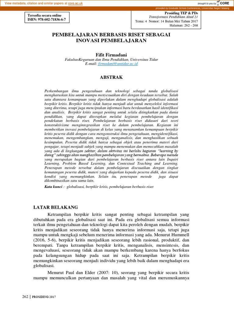 Pembelajaran Berbasis Riset Sebagai Inovasi Pembelajaran: Fifit Firmadani | PDF