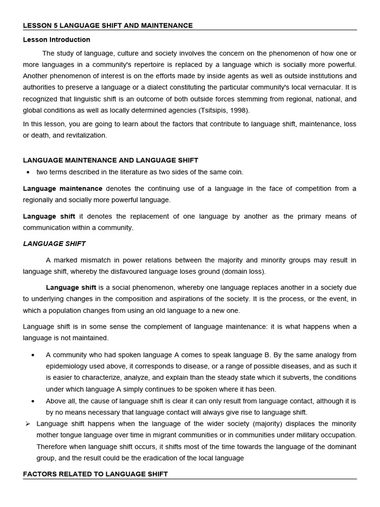 Lesson 5 Language Shift and Maintenance | PDF | Language Education | Multilingualism