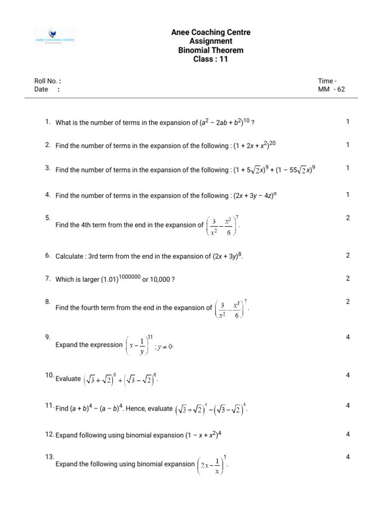 Assignment Binomial Theorem | PDF | Mathematics | Mathematical Analysis
