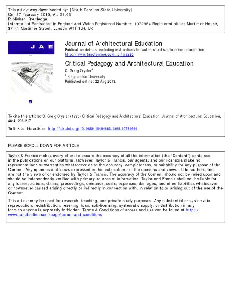 Crysler, C. G. (1995) - Critical Pedagogy and Architectural Education ...