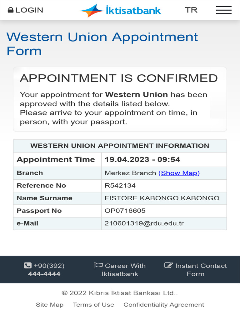 Western Union Appointment Form Kıbrıs İktisat Bankası LTD | PDF