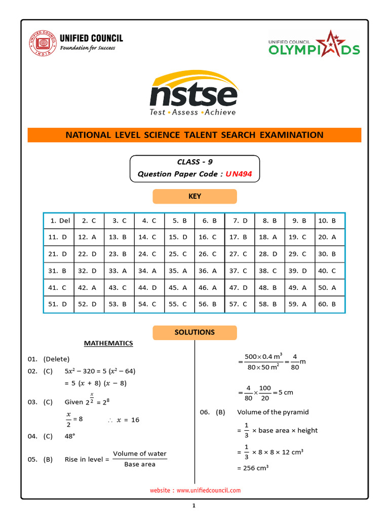 CL 9 Nstse 2024 Paper 494 Key | PDF | Potential Energy | Chemistry