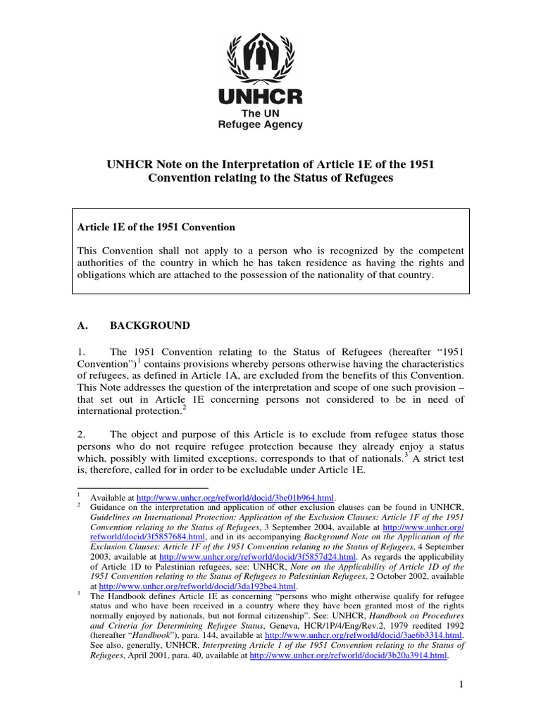 UNHCR Note On The Interpretation of Article 1E of The 1951 Convention ...
