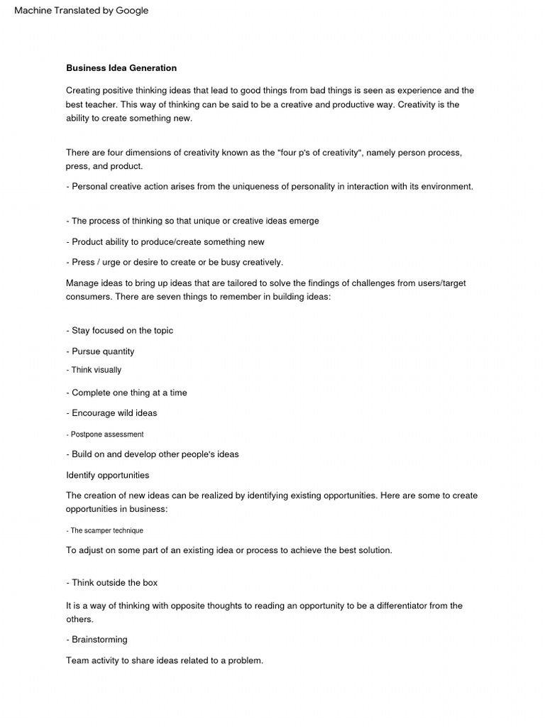 Business Idea Generation Pdf Creativity Thought