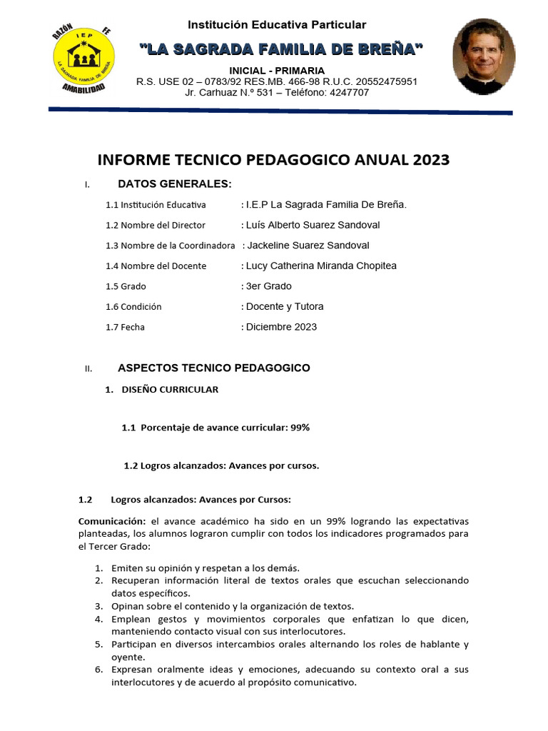 Informe Pedagógico Tercer Grado 2023 | PDF