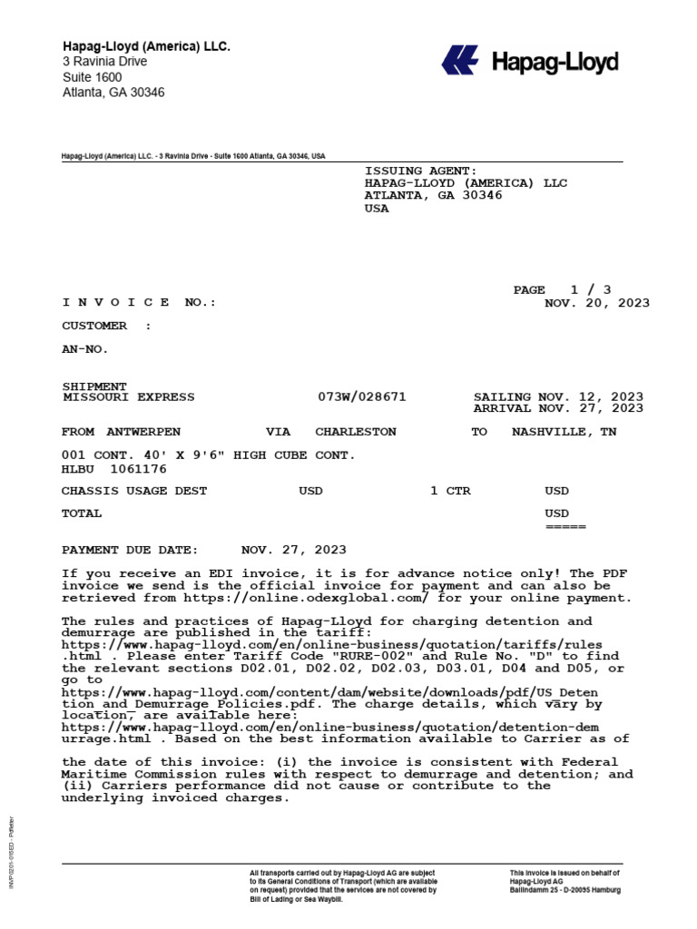 Hapag-Lloyd Invoice and Shipping Details | PDF | Bill Of Lading | Cargo