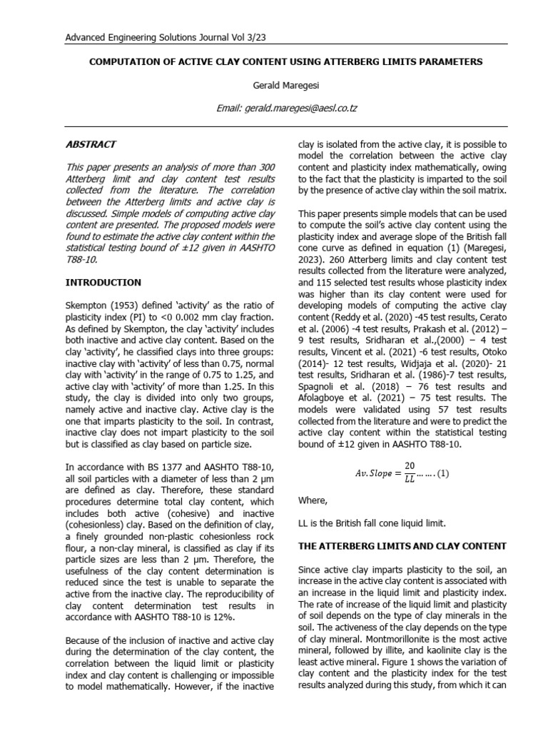 Computation of Active Clay Content Using Atterberg Limits Parameters ...