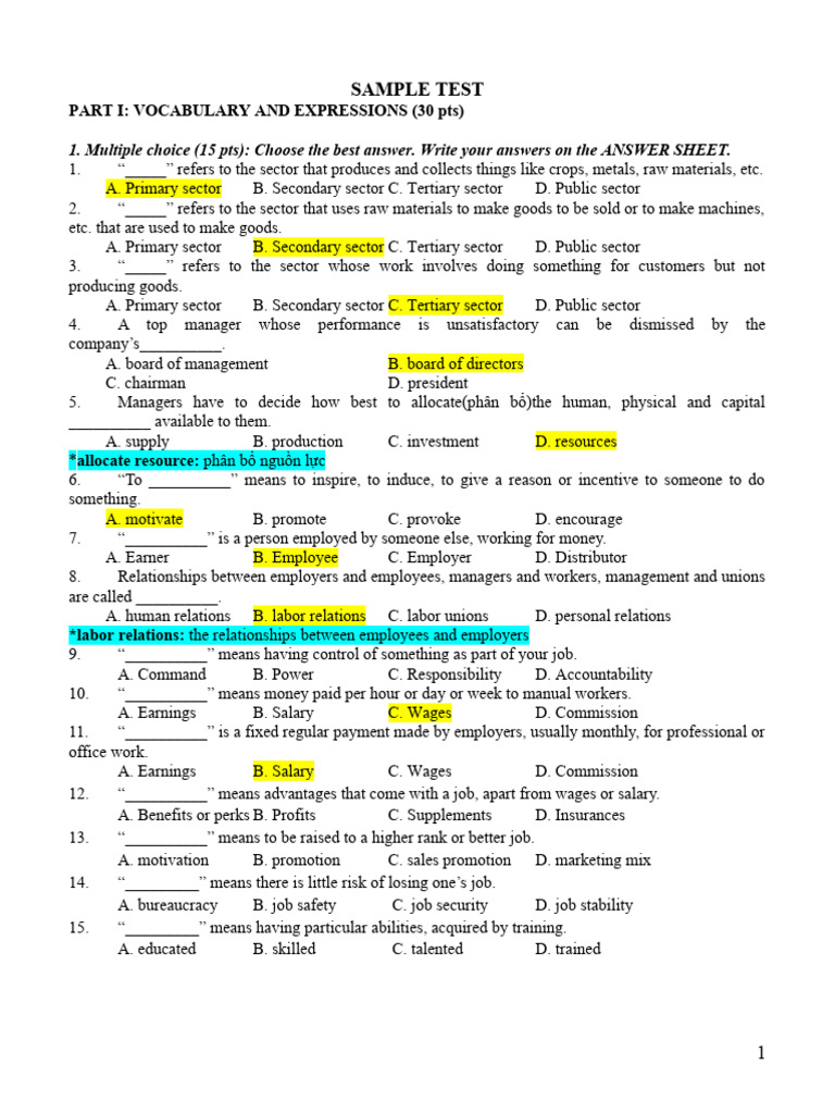 Sample Test Business English | PDF | Market (Economics) | Employment