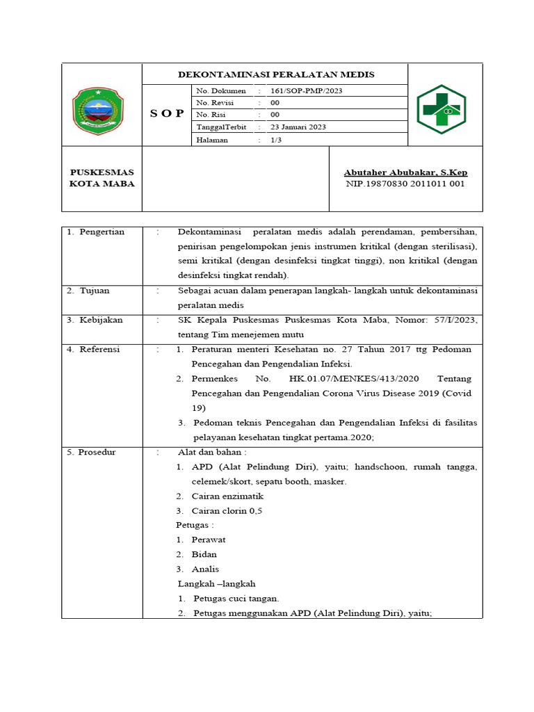 Sop Dekontaminasi Peralatan Medis | PDF