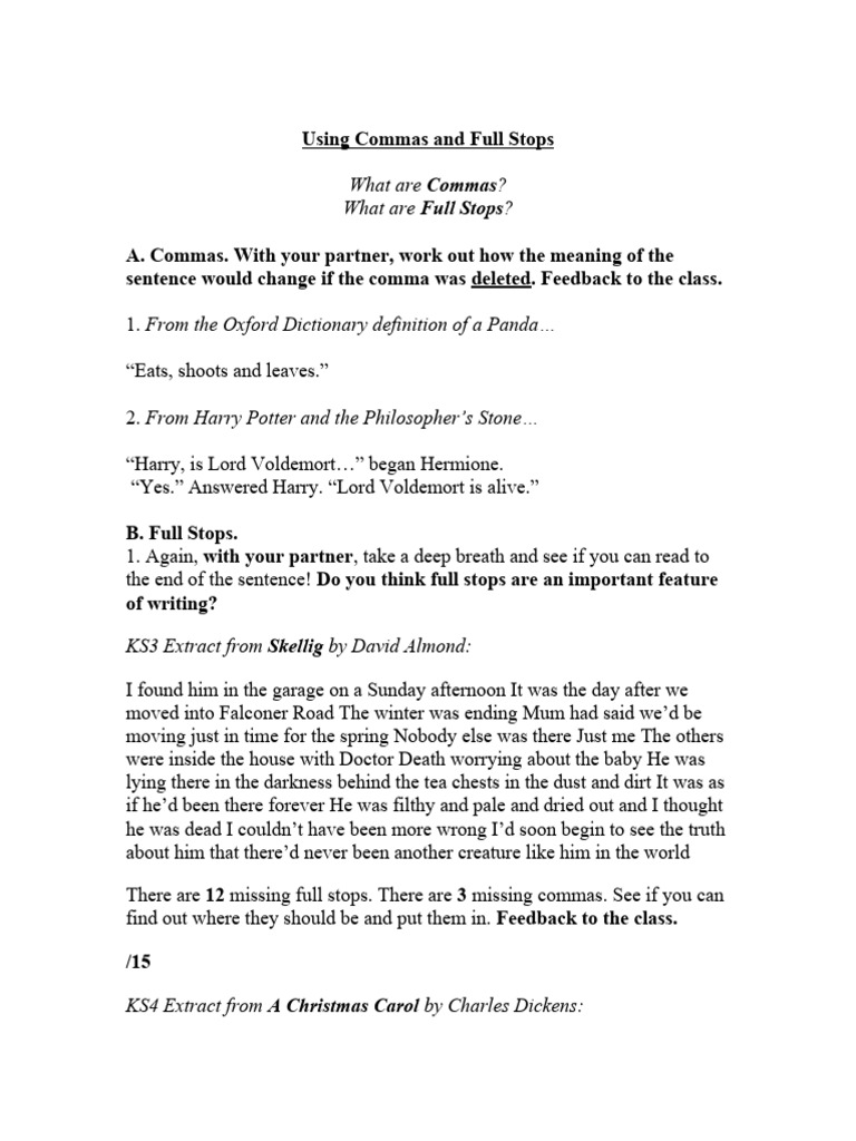 3 Commas - Full Stops Worksheet | PDF | Harry Potter
