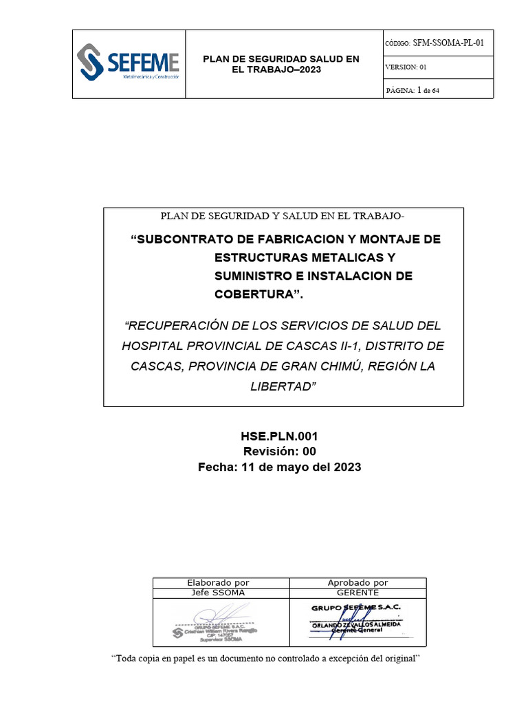 Plan de Seguridad y Salud en El Trabajo 2023 Grupo Sefeme Cascas | Descargar gratis PDF ...