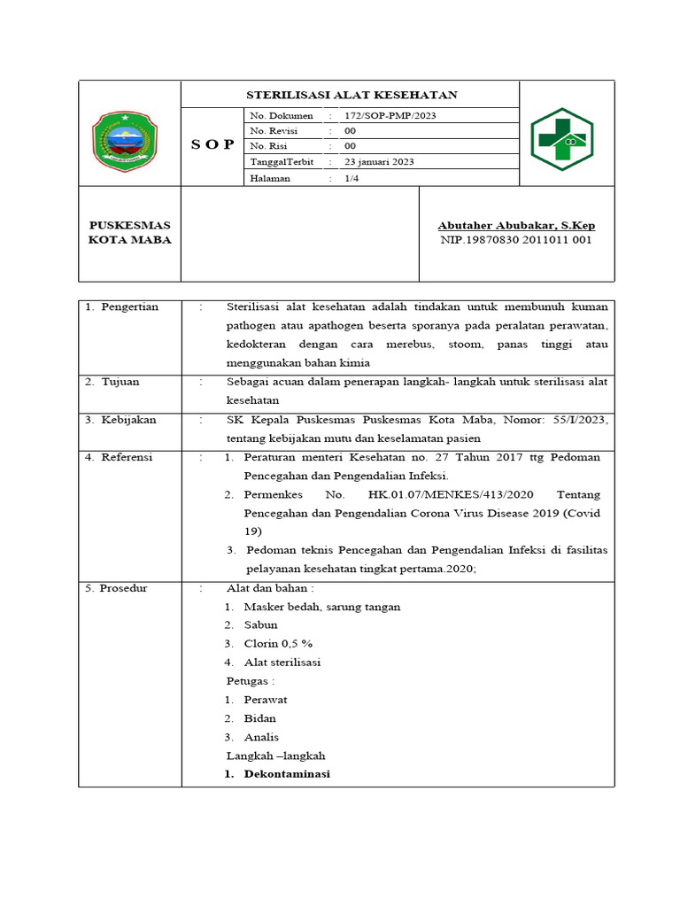SOP STERILISASI ALAT KESEHATAN | PDF
