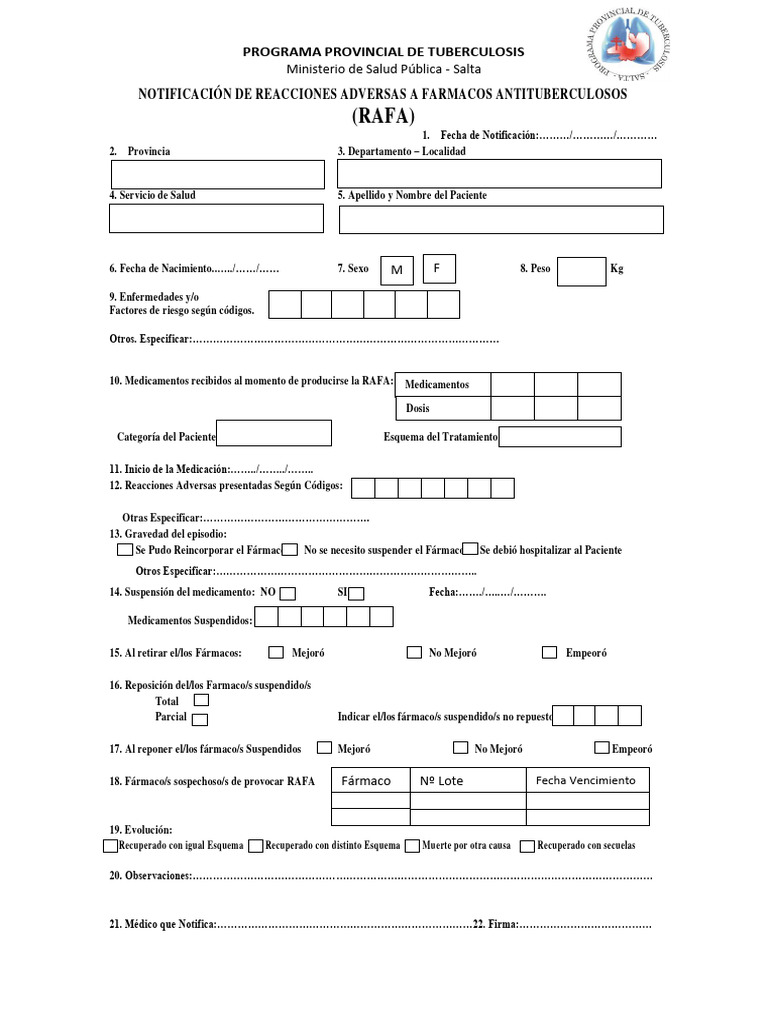 FICHA Notificacion RAFA 1 | PDF | Medicamentos con receta | Tuberculosis