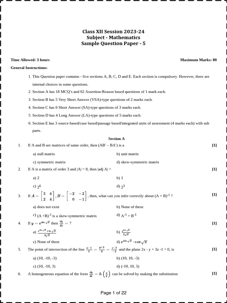 Sample Paper 5 | PDF | Matrix (Mathematics) | Derivative