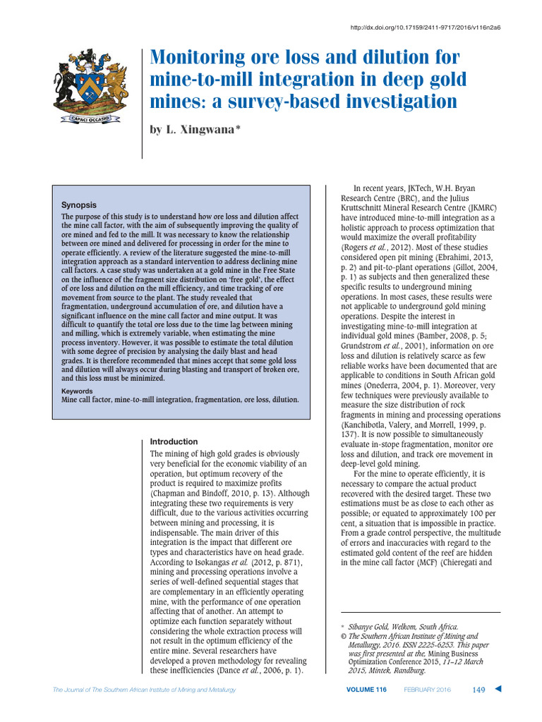 Monitoring Ore Loss and Dilution For Mine To Mill Integration in Deep ...