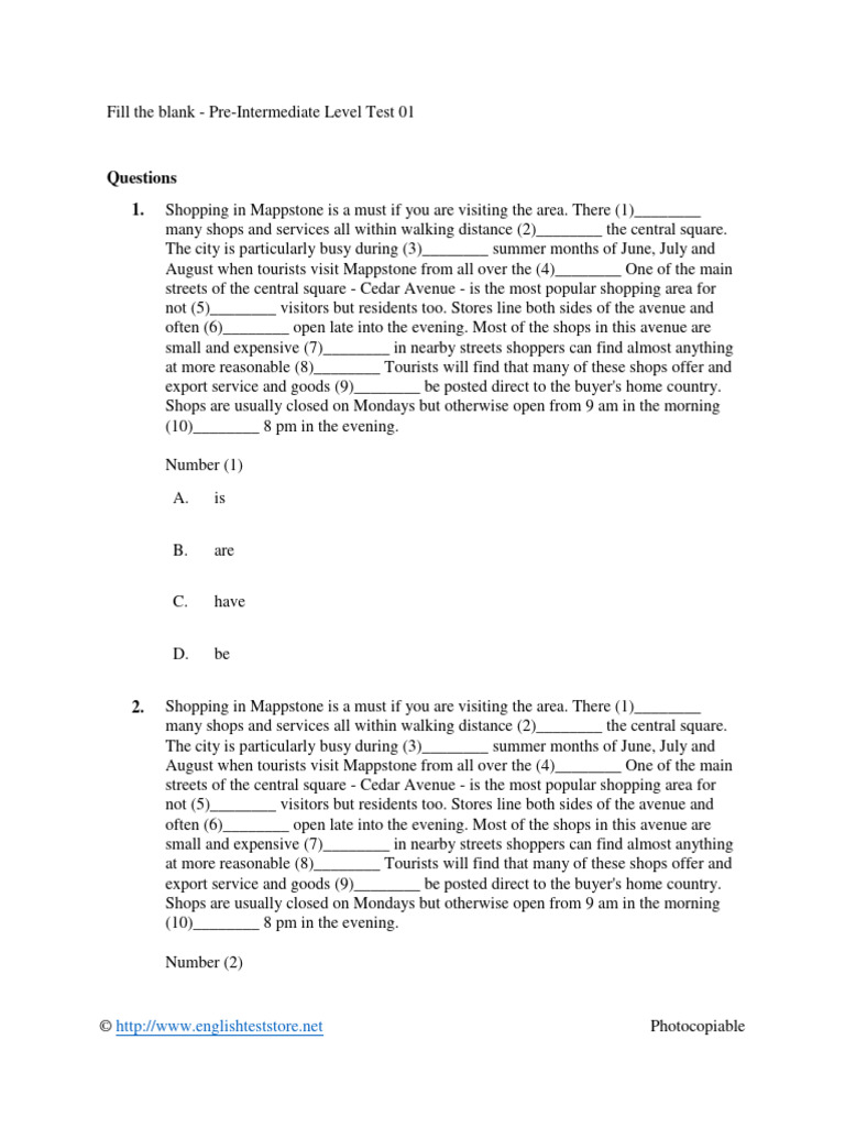 Fill The Blank - Pre-Intermediate Level Test 01 | PDF | Economies | Trade