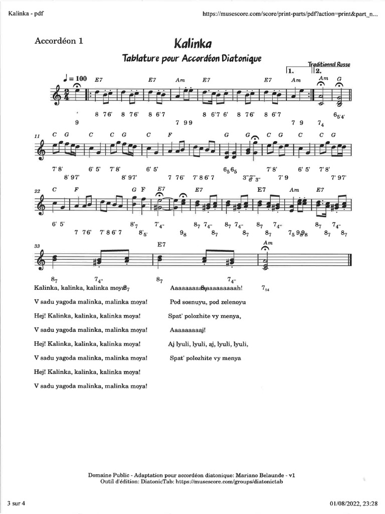 Kalinka Accordion Sheet Music | PDF