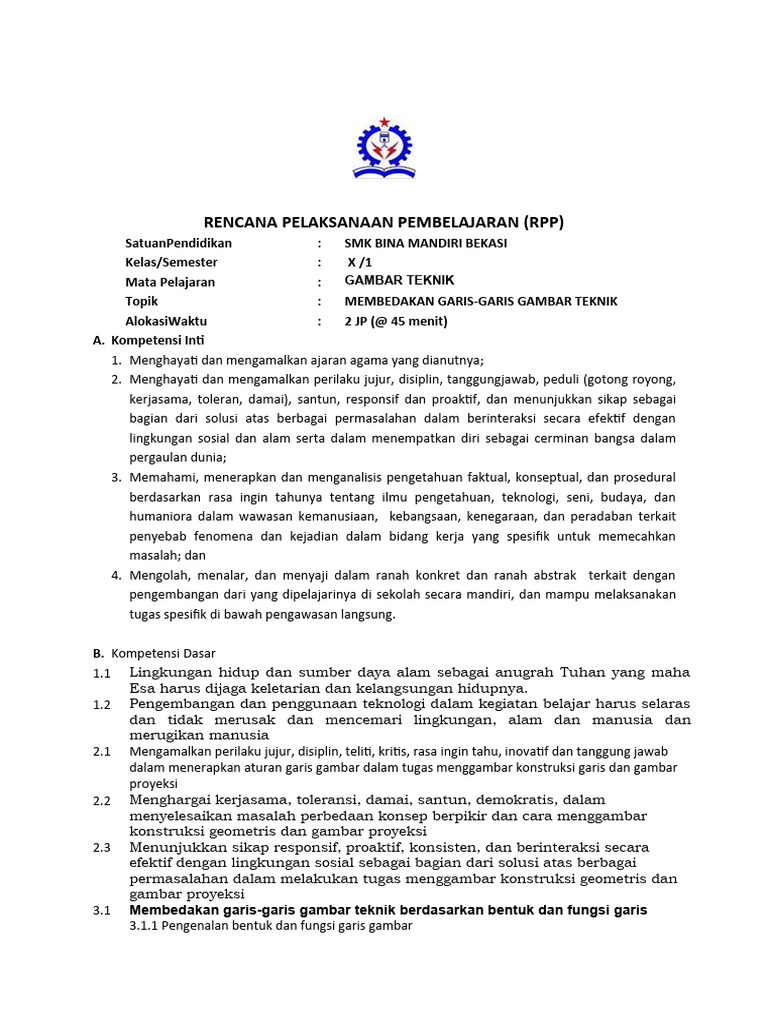 RPP Bentuk Dan Fungsi Garis Gambar Kelas 10 | PDF