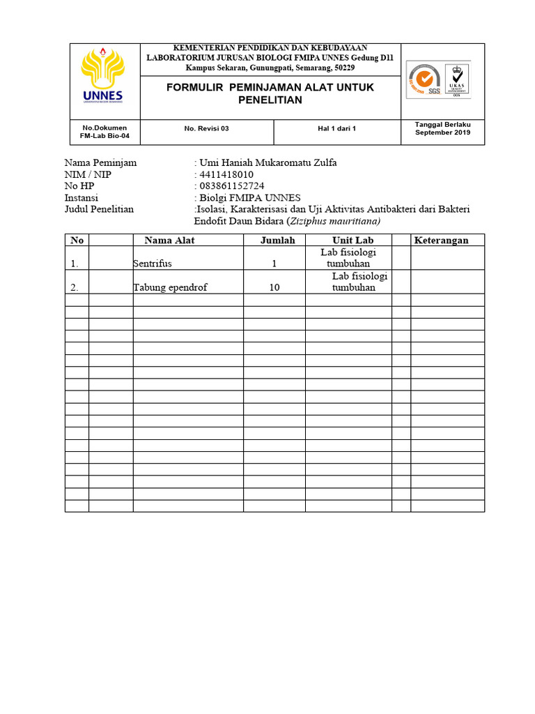 Form-Peminjaman-alat-untuk-penelitian Rev 011019mmmm | PDF