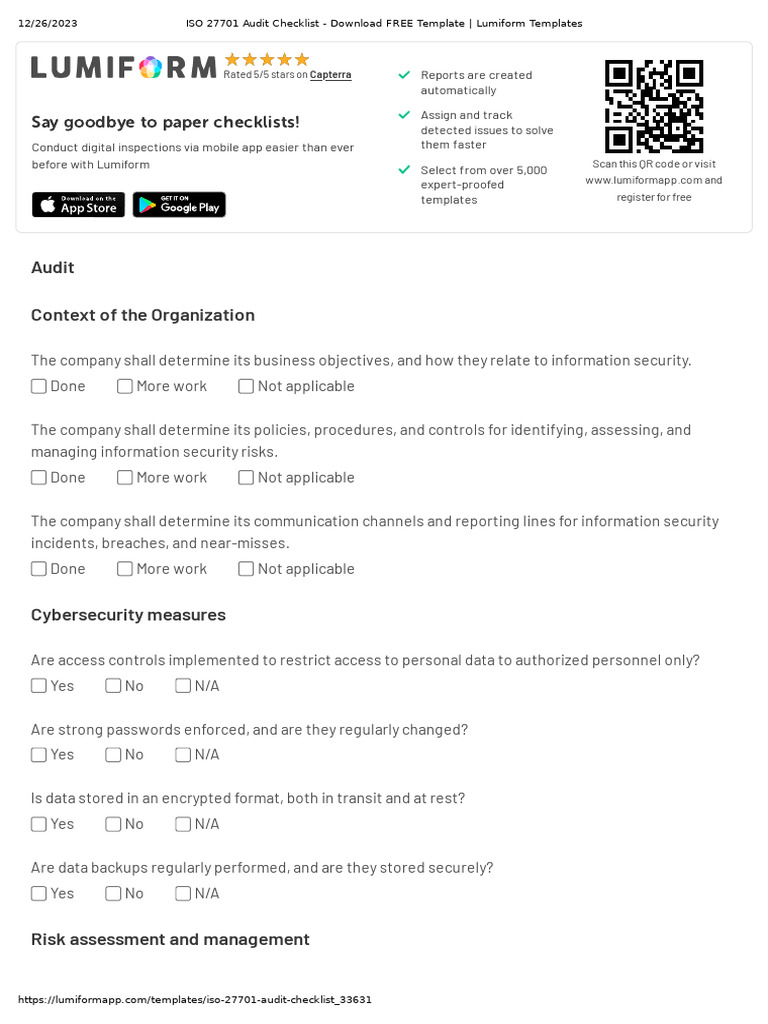 ISO 27701 Audit Checklist - © Lumiform 2023 | PDF | Information Security | Security