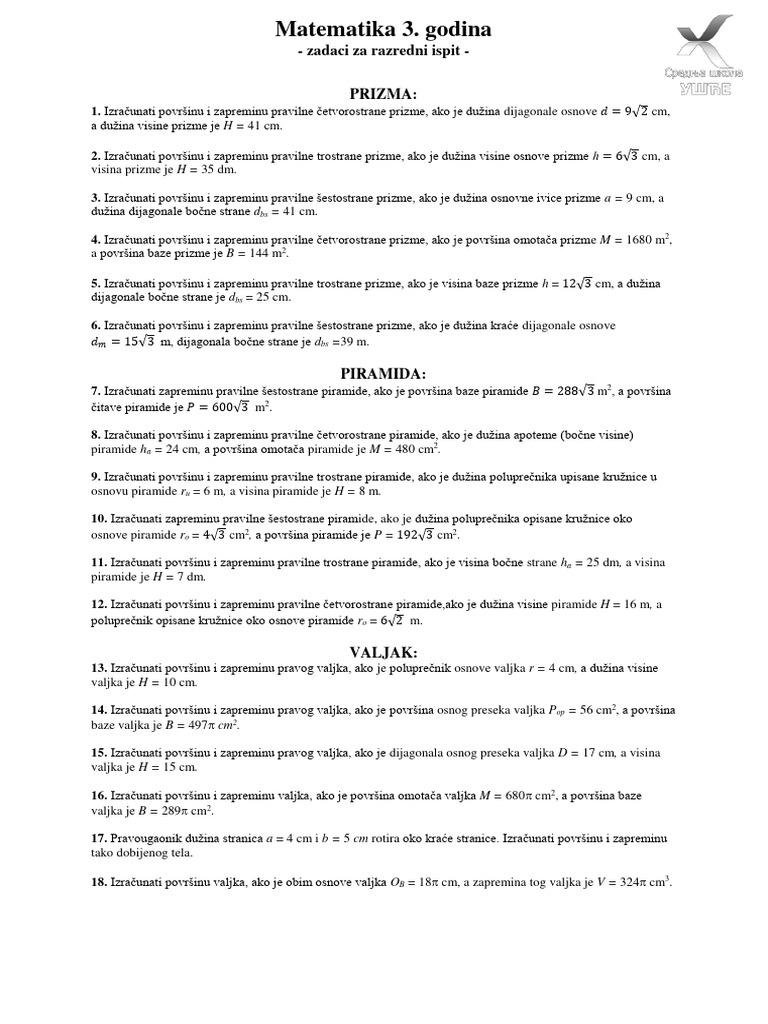 Matematika 3 Godina - Razredni Ispit | PDF