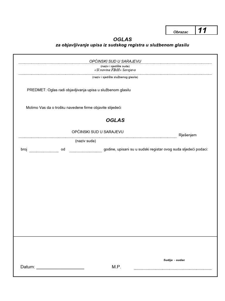 REG Oglas Za Objavljivanje Upisa Iz Sudskog Registra U Slubenom Glasilu ...