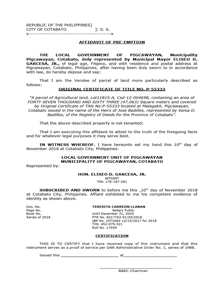 Affidavit of Pre-Emption - Badilles | PDF | Affidavit | Evidence