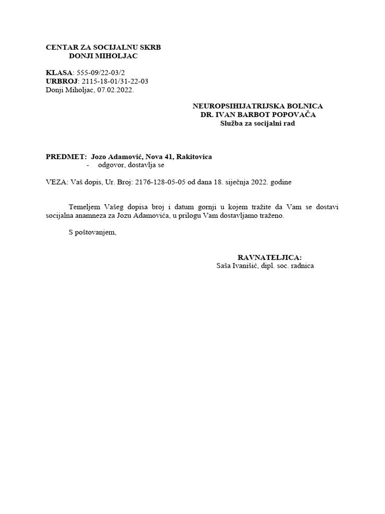 Dopis - Bolnica Popovača | PDF