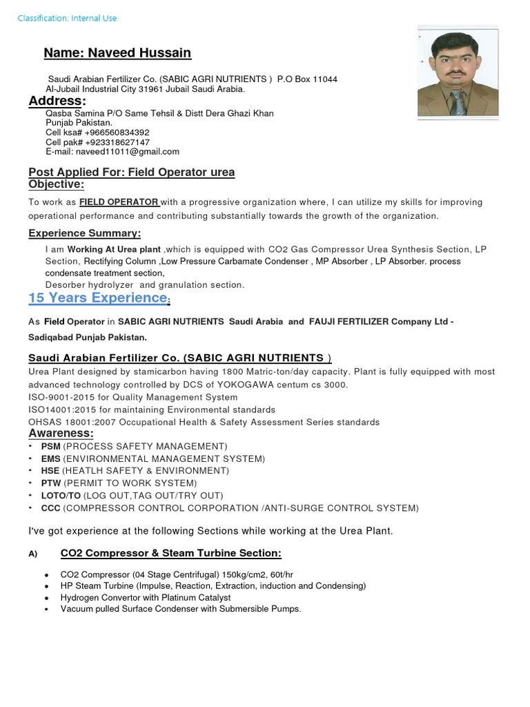 Naveed CV For Urea Field Operator | PDF | Urea | Fertilizer