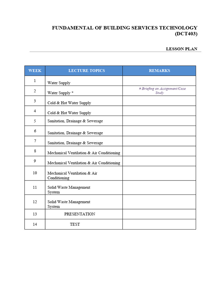 Dct403 Lecture Plan Download Free Pdf Sanitation Environmental
