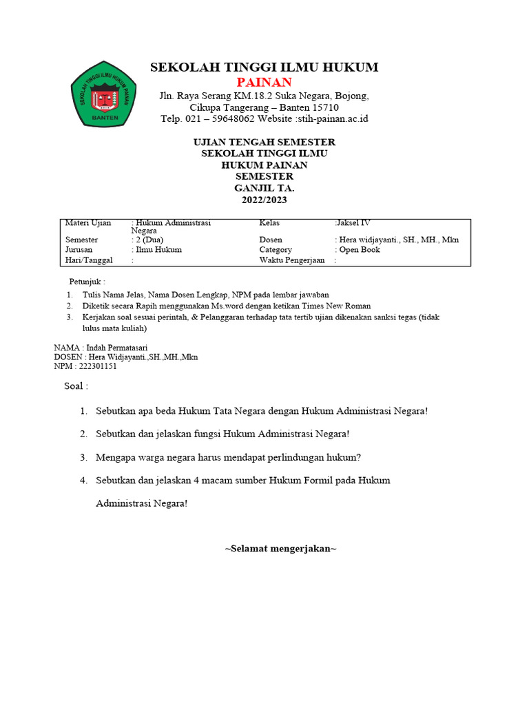 Ujian Hukum Administrasi Negara STIH Painan | PDF