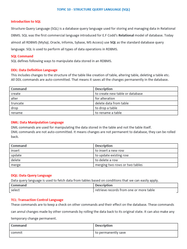Topic 10 - Structure Query Language (SQL) | PDF | Relational Database | Sql