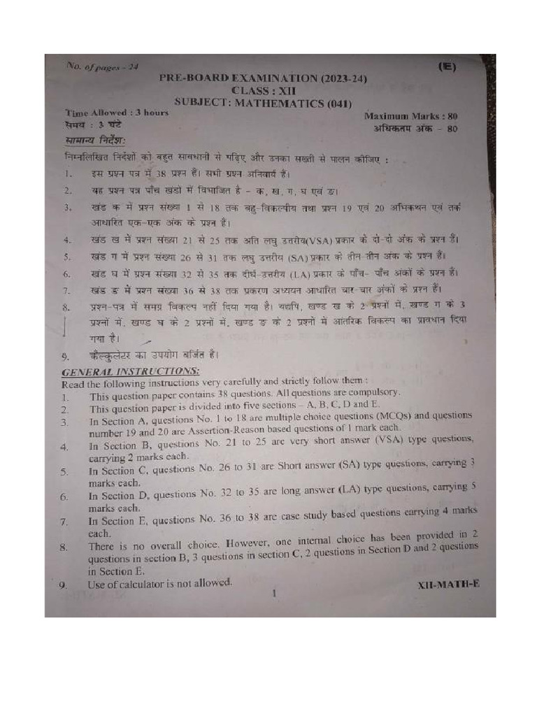 XII Pre-Board (Evening Shift) QP Directorate of Education, Delhi 2023-24 | PDF