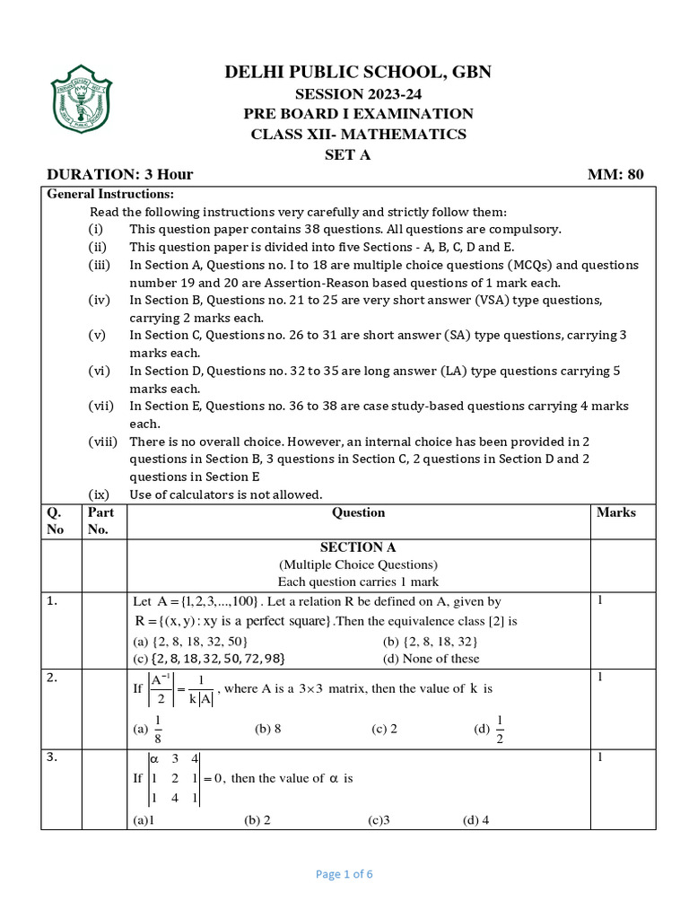 Xii PB - I Set A 2023-24 (DPS, GBN) | PDF | Linear Programming | Equations
